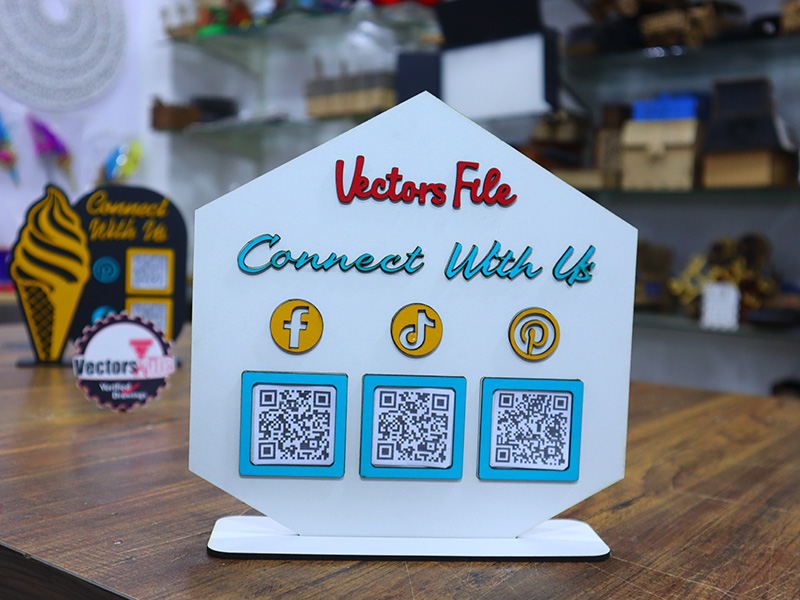 Laser Cut Hexagonal QR Code Stand for Business Display | Vectors File
