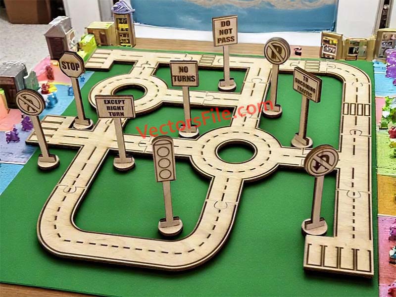 Laser Cut Toy Car Road Tracks Design with Traffic Sign 3D Puzzle Model ...