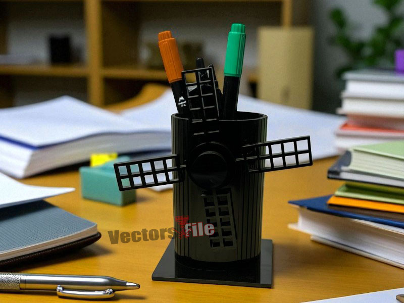 Laser Cut Wooden Windmill Pen and Pencil Holder | Vectors File