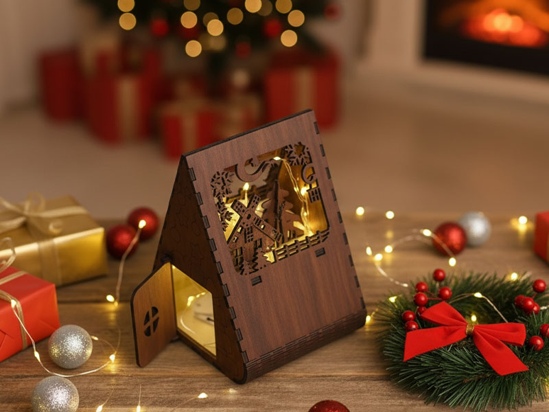 Laser Cut Wooden Christmas Light House for Decoration | Vectors File