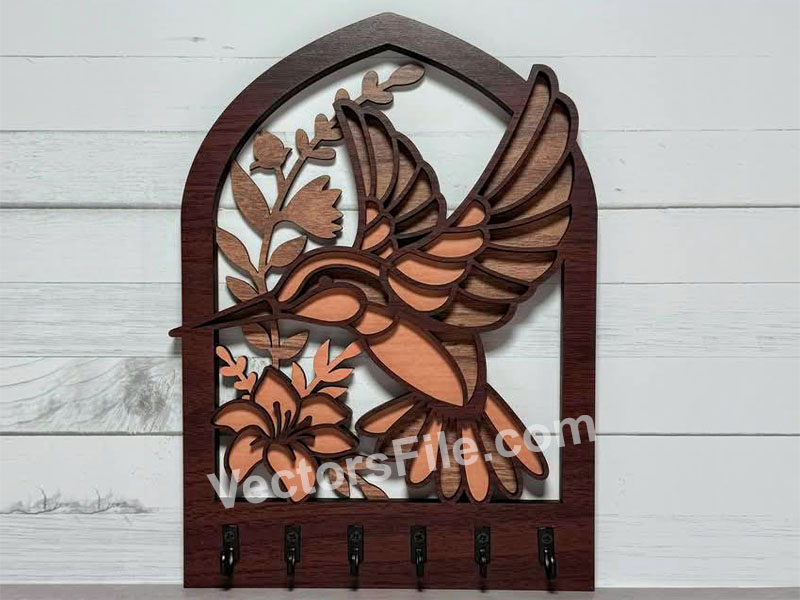 Laser Cut Key Holder Hummingbird Layered Art Wall Key Hanger | Vectors File