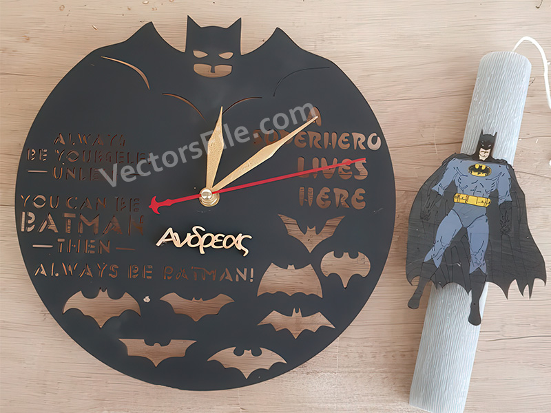 Laser Cut Wooden Batman Wall Clock for Kids Room Decor Idea | Vectors File